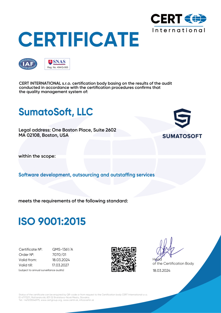 ISO 9001:2015 and ISO/IEC 27001:2022 SumatoSoft Certifications